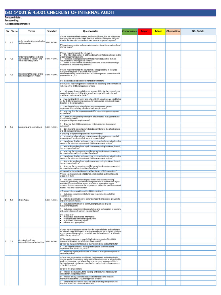 ISO 14001 & 45001 Internal Audit Checklist | PDF | Risk | Business