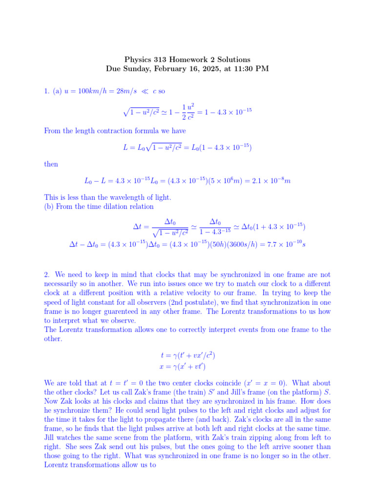 P313 - HW2 Solutions - Final | PDF | Physics | Theory Of Relativity