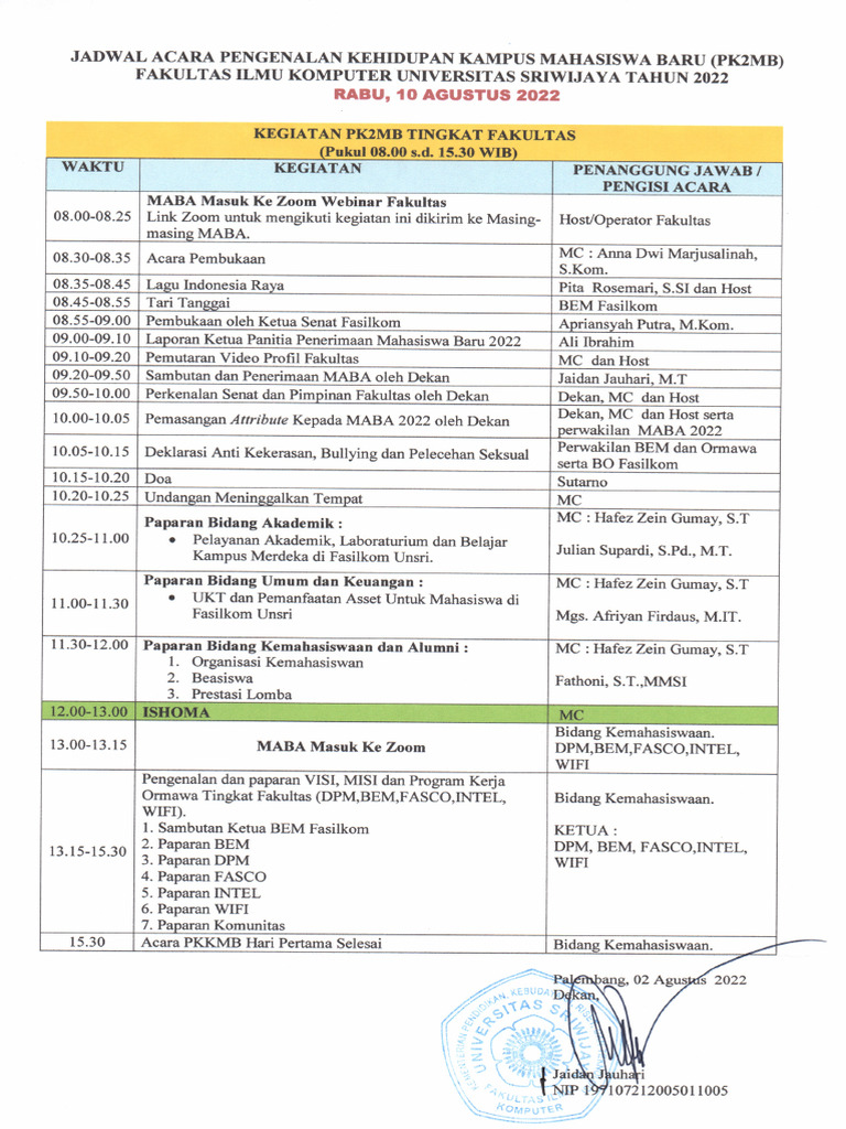 Jadwal Acara PK2MB Fakultas Ilmu Komputer | PDF
