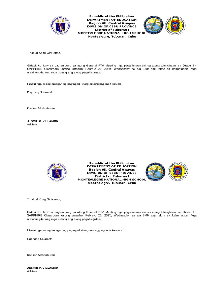 Letter For PTA | PDF