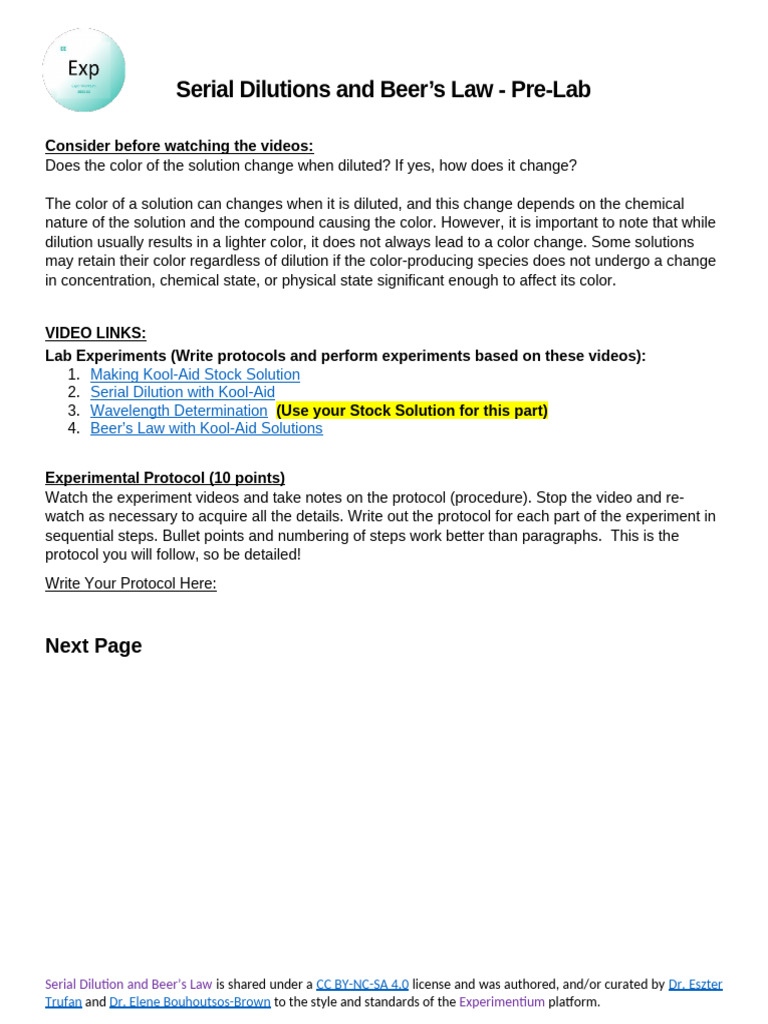Exp1 - PreLab - Serial Dilutions and Beer's Law Christopher Lam | PDF ...