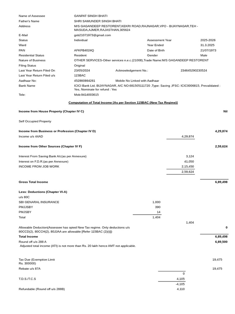 Ganpat Singh Bhati Tax Assessment 2026 | PDF | Tax Refund | Business