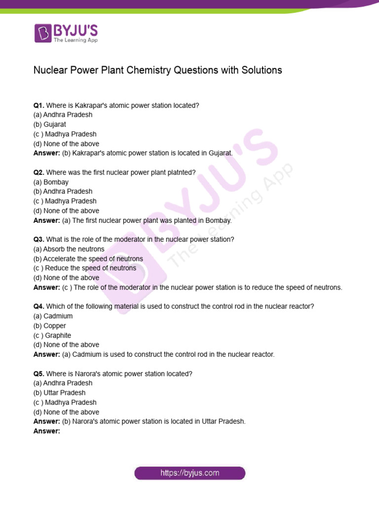 Nuclear Power Plant Chemistry Questions With Solutions | PDF | Nuclear ...