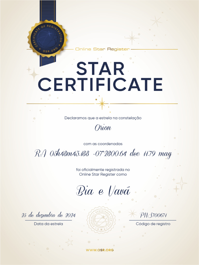 Certificado de Estrela Bia e Vavá | PDF