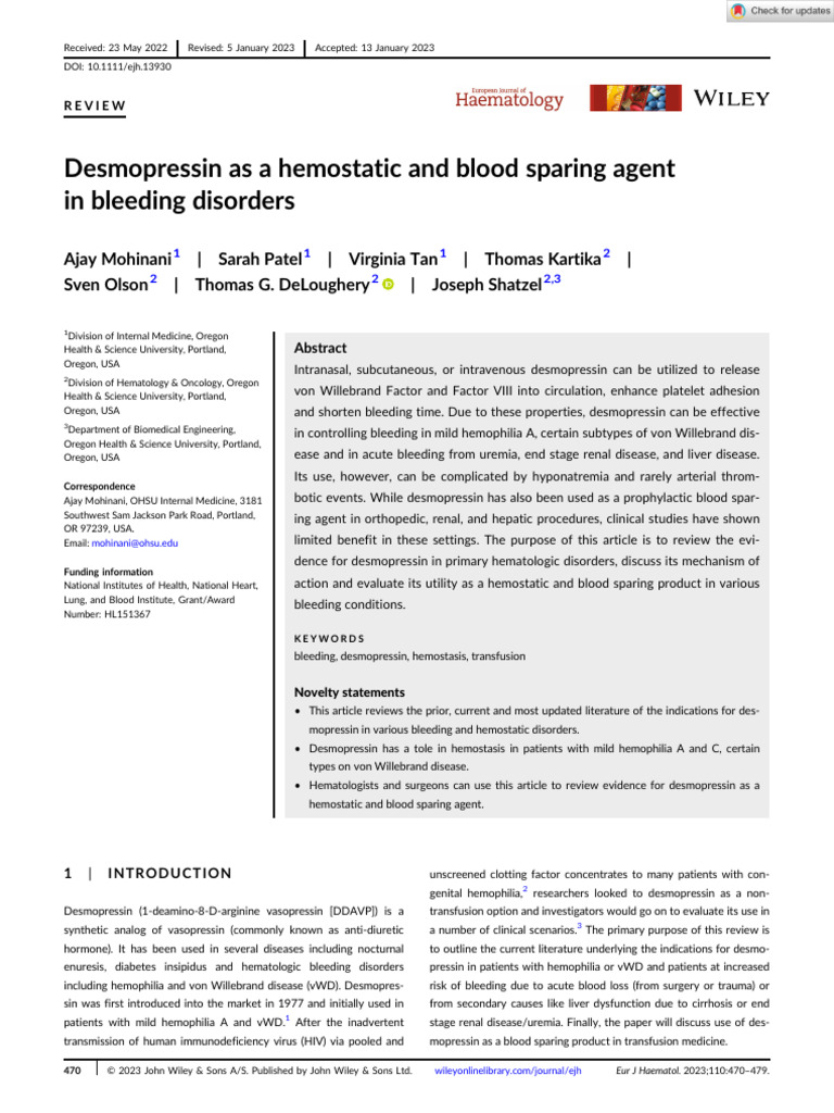 2023 - Mohinani - Desmopressin As A Hemostatic and Blood Sparing Agent in Bleeding Disorders ...