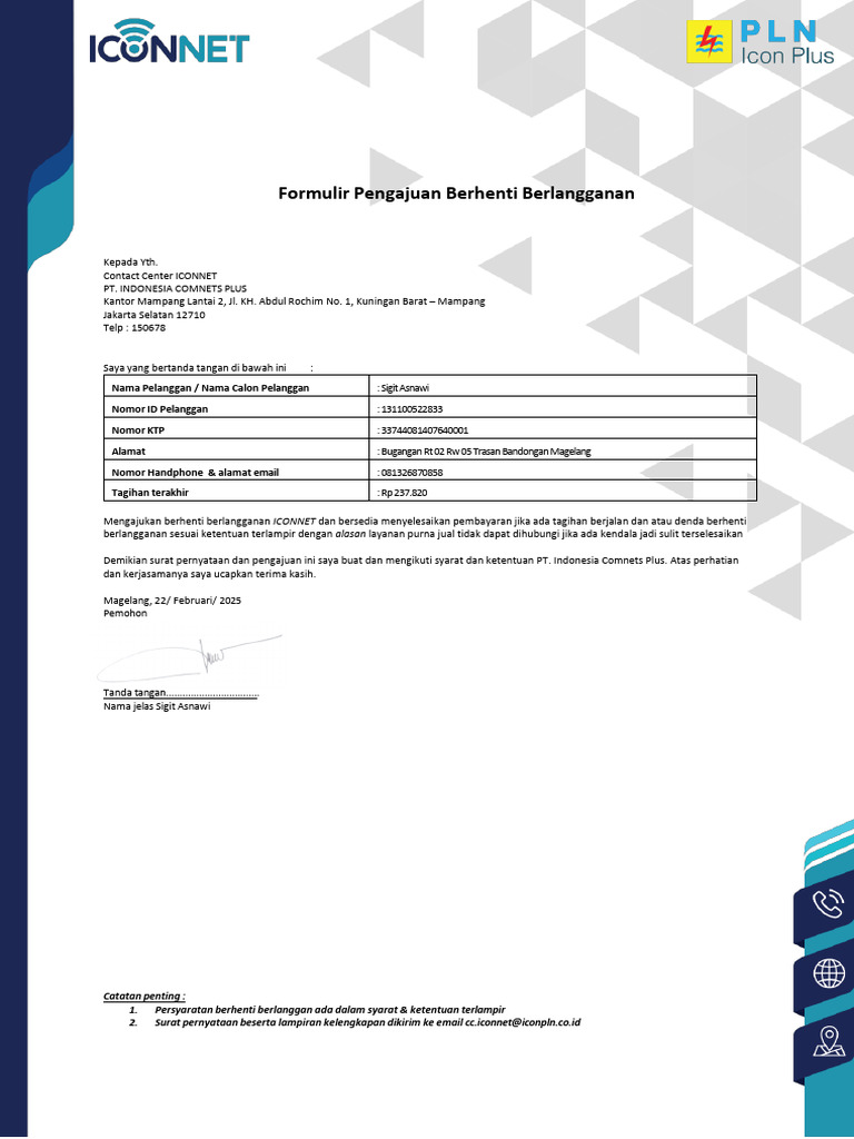 Formulir Berhenti Berlangganan Iconnet | PDF