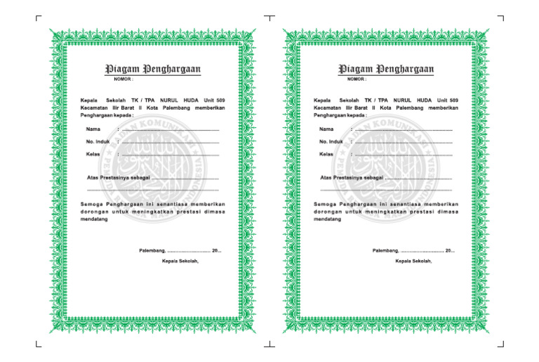 Piagam TK Nurul Huda | PDF