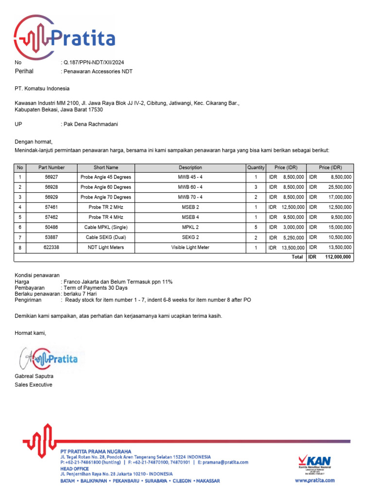 REV Quotation 2024 PT Komatsu Cibitung Plant Accs NDT | PDF