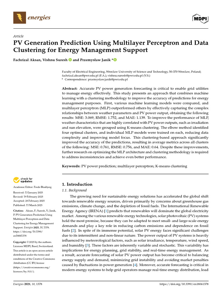 PV Power Forecasting with MLP and Clustering | PDF | Machine Learning | Cluster Analysis