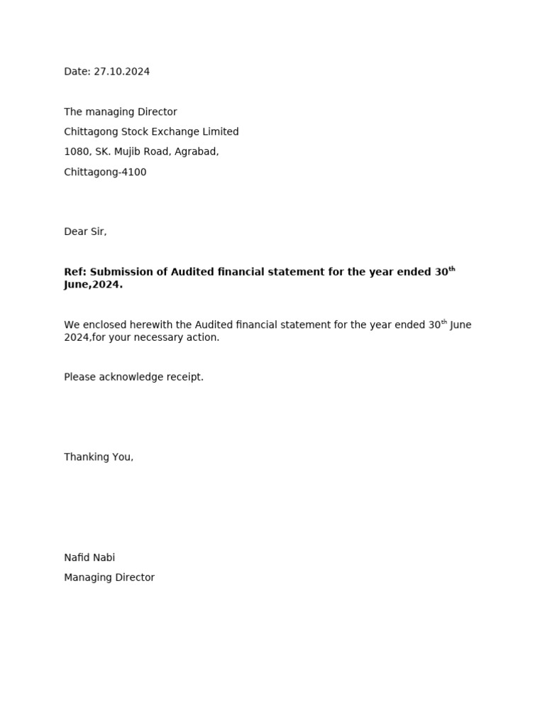 Ref: Submission of Audited Financial Statement For The Year Ended 30 ...