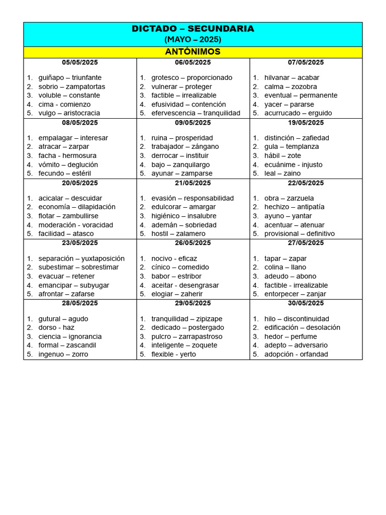 Dictado de Antónimos para Secundaria | PDF