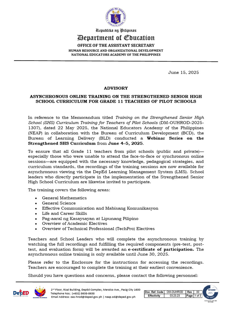 SIGNED ADVISORY Re Asynchronous SSHS Curriculum Training For Teachers | PDF | Curriculum | Teachers