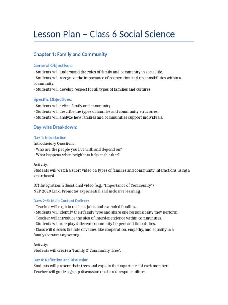 Class 6 Social Science Lesson Plan Pdf Educational Technology