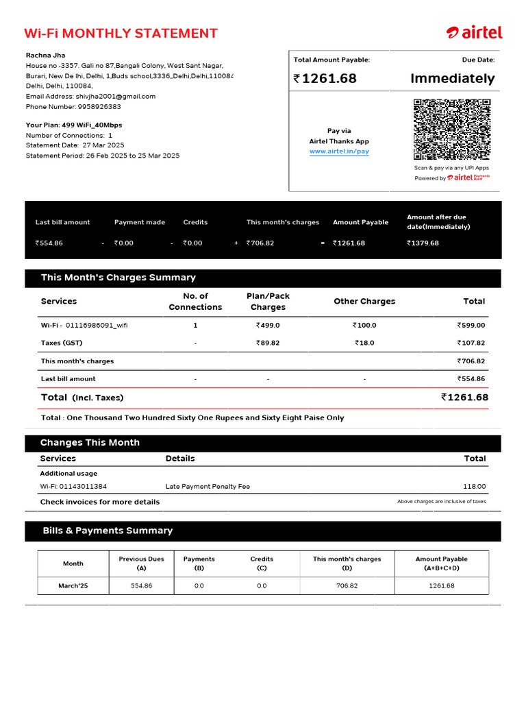 Wi-Fi Monthly Statement: 1261.68 Immediately | PDF | Cheque | Credit Card