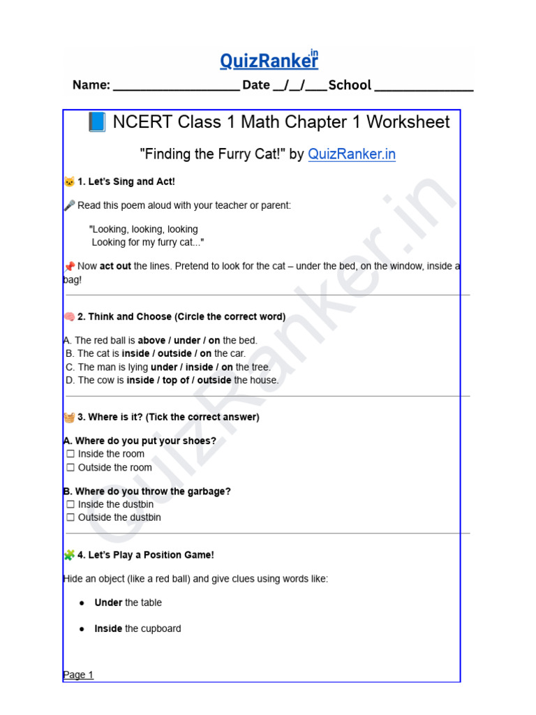 Class 1 Maths: Finding the Furry Cat | PDF