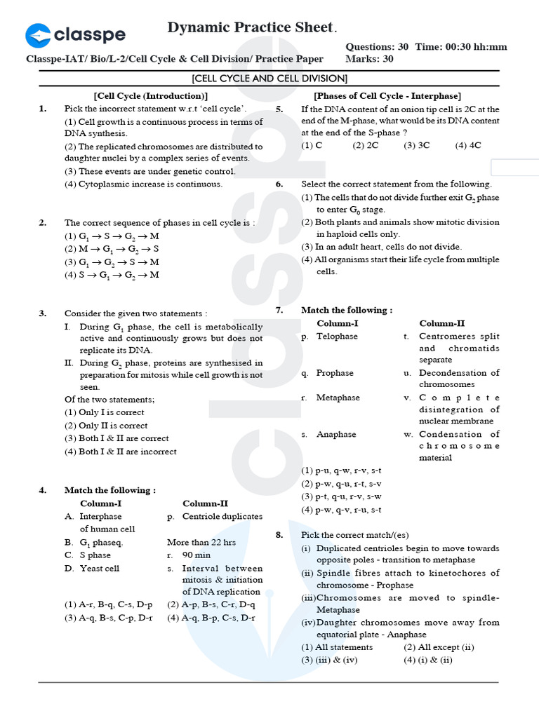 ClassPe IAT Bio L2 Cell Cycle & Cell Division Practice Paper | PDF ...