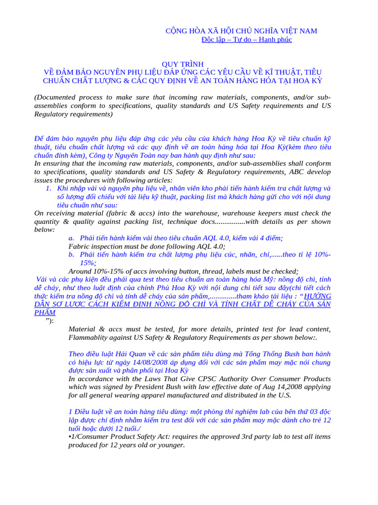 Quy Trinh Dam Bao Tieu Chuan Chat Luong An Toan San Pham Cua Hoa Ky | PDF