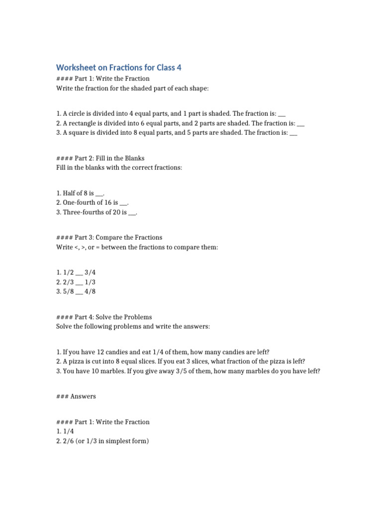 Fractions Worksheet Class4 | PDF