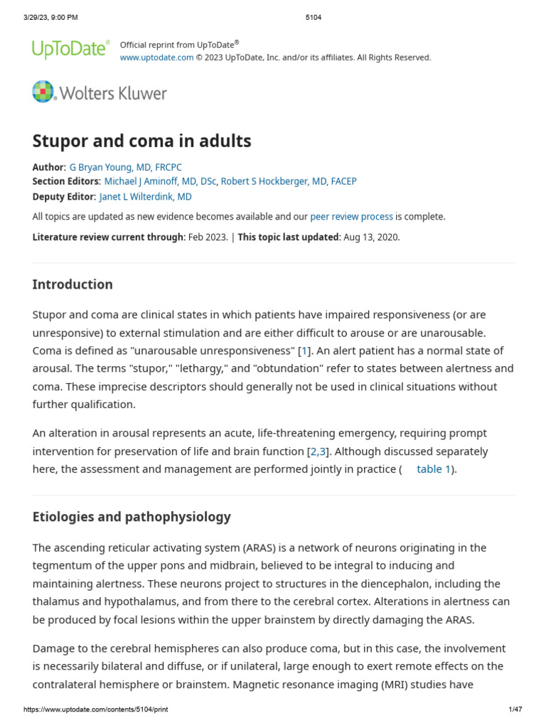 Up To Date. Stupor and Coma in Adults | PDF | Coma | Meningitis