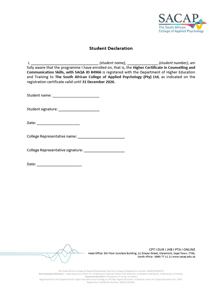 Student Declaration Form - Higher Certificate in Counselling and ...