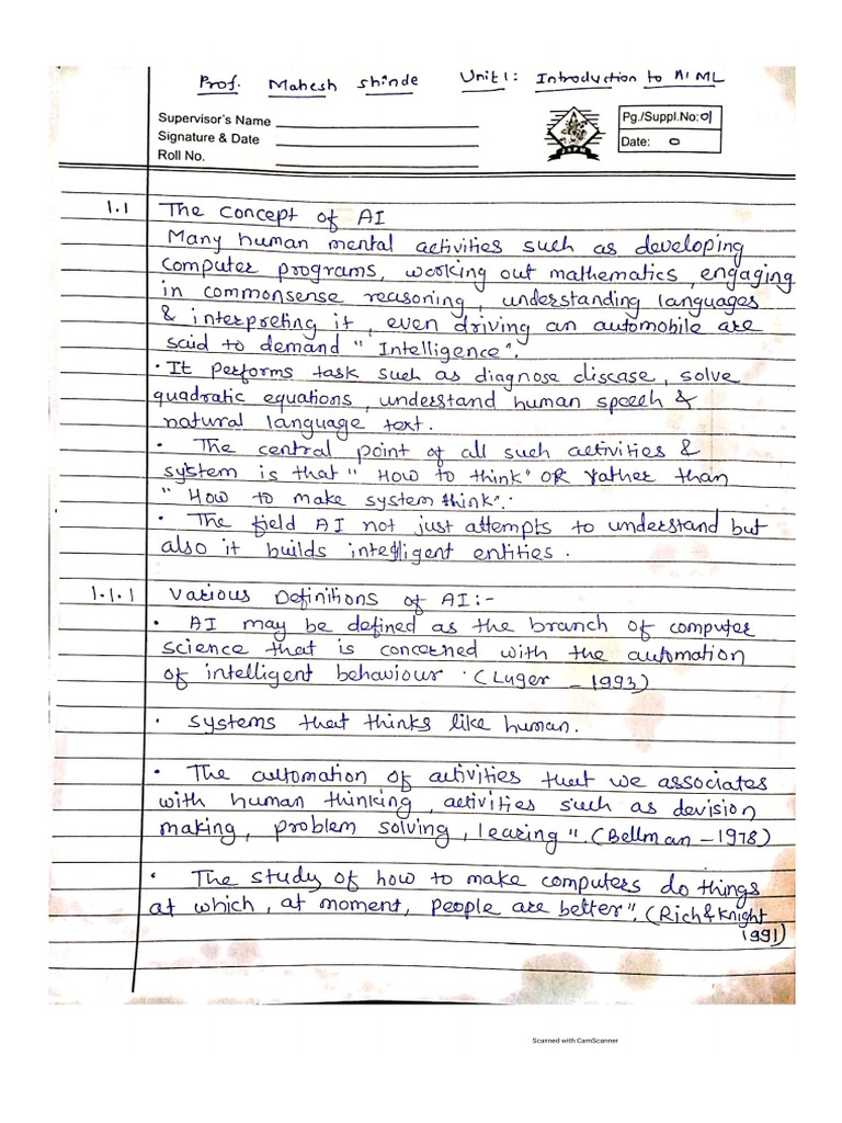 Handwritten Notes Unit 1 Introduction To Artificial Intelligence ...