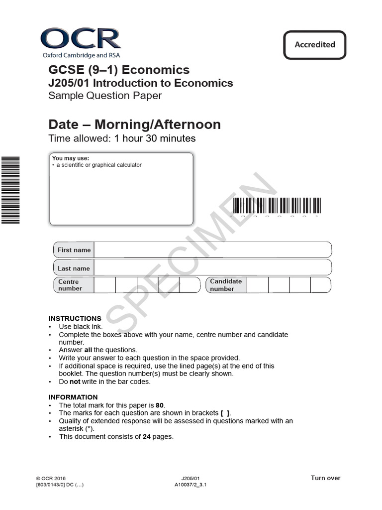 Specimen QP - Component 1 OCR Economics GCSE | PDF | Economic ...