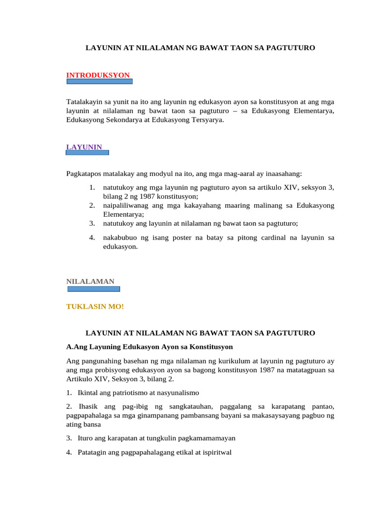 ARALIN 3 MGA LAYUNIN NG EDUKASYONG SEKUNDARYA PAGBUO NG LAYUNIN SA ...