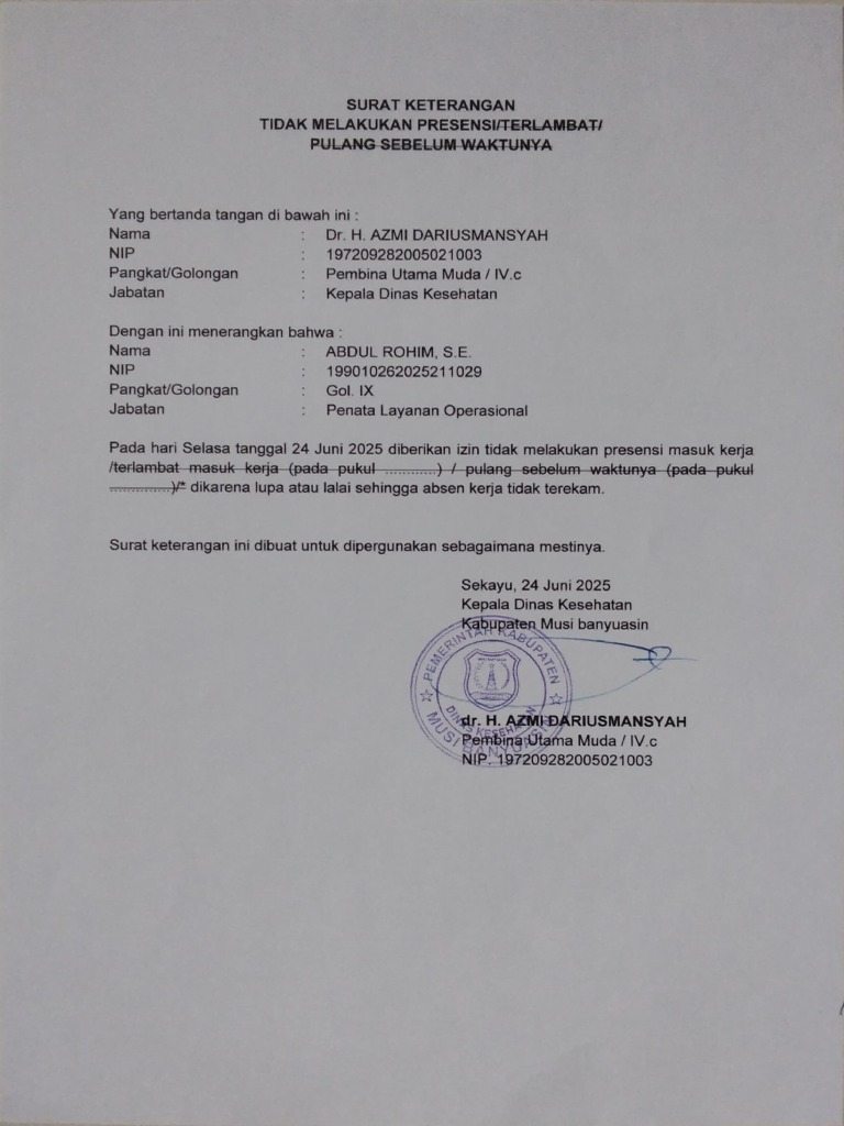 Surat Keterangan Izin Absen Kerja | PDF