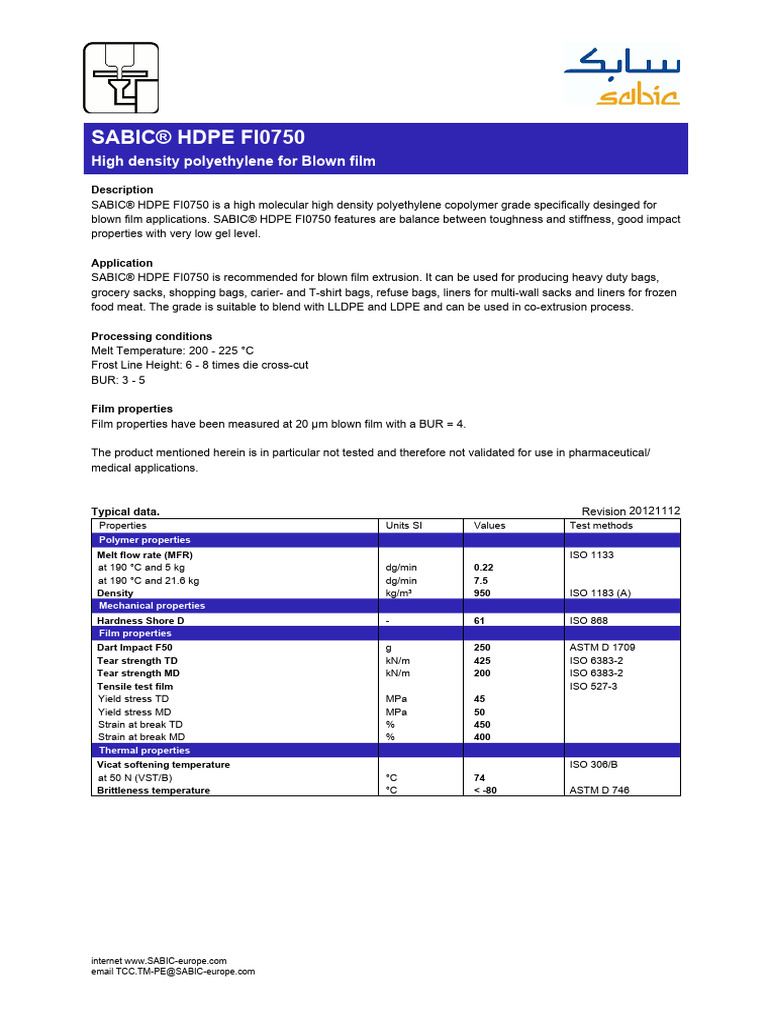 SABIC® HDPE FI0750 for Blown Film | PDF | Polyethylene | Organic Polymers
