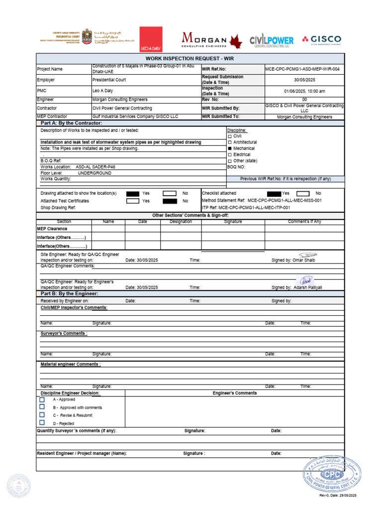 Mce Cpc Pcmg1 Asd Mep Wir 004 Rev. 00 (1) | PDF | Civil Engineering | Building Technology
