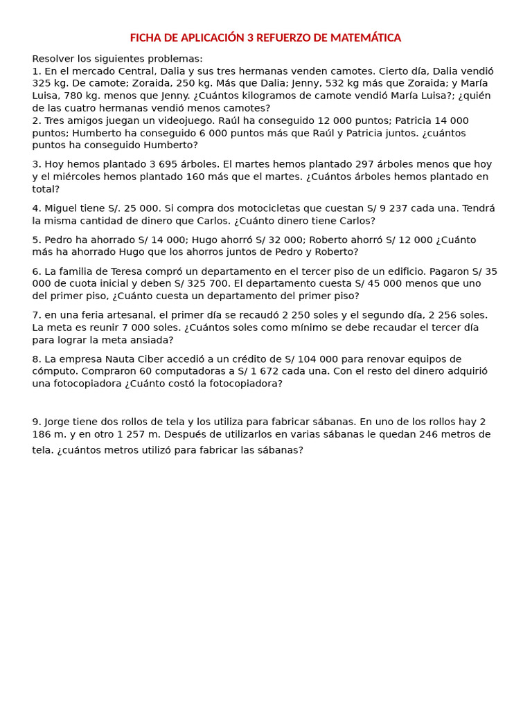 Ficha 3 Refuerzo de Matemática UdA 2 Sexto Grado | PDF