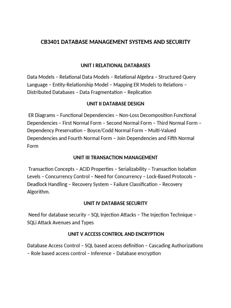 Cb3401 Database Management Systems and Security Syllabus | PDF
