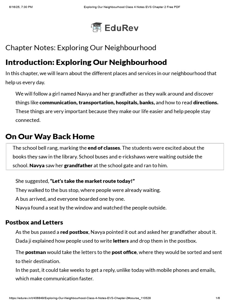 Class 4 EVS: Exploring Our Neighbourhood | PDF