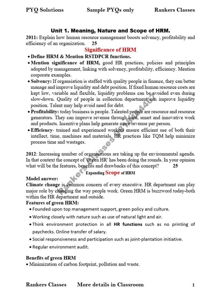 Solutions To PYQs On HRM | PDF | Talent Management | Human Resource Management