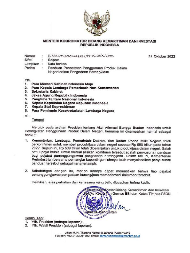 5041 - Surat Menko - Panduan Pencatatan Penggunaan PDN Dalam PBJ (1 ...