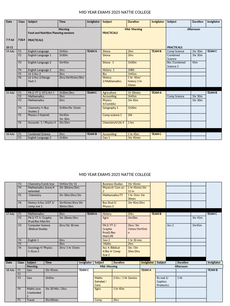 Mid Year Exam Timetable-01 2025 | PDF | Inquiry | Science