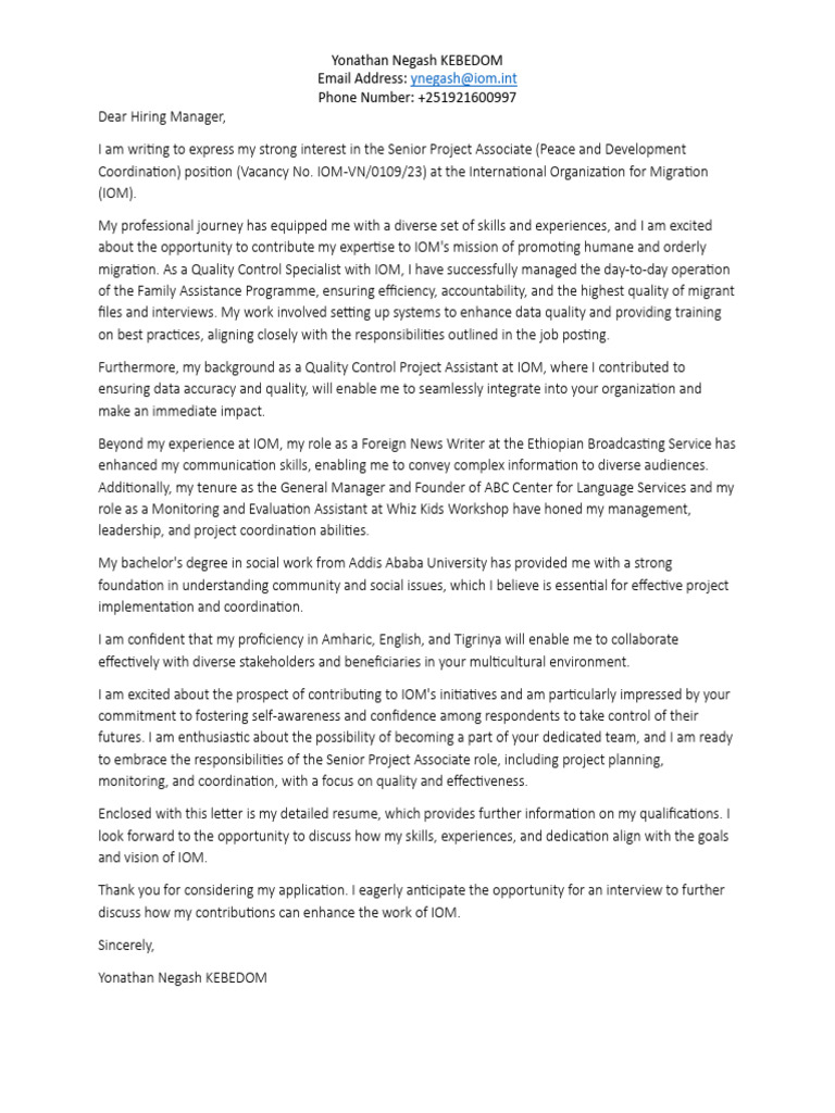 Yonathan Negash KEBEDOM - Application Documents | PDF | International Organization For Migration