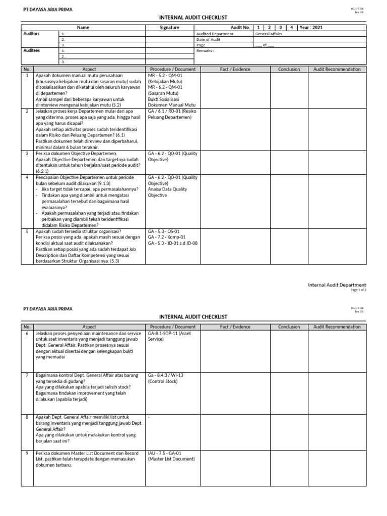 Checklist Audit Internal GA 2021 | PDF