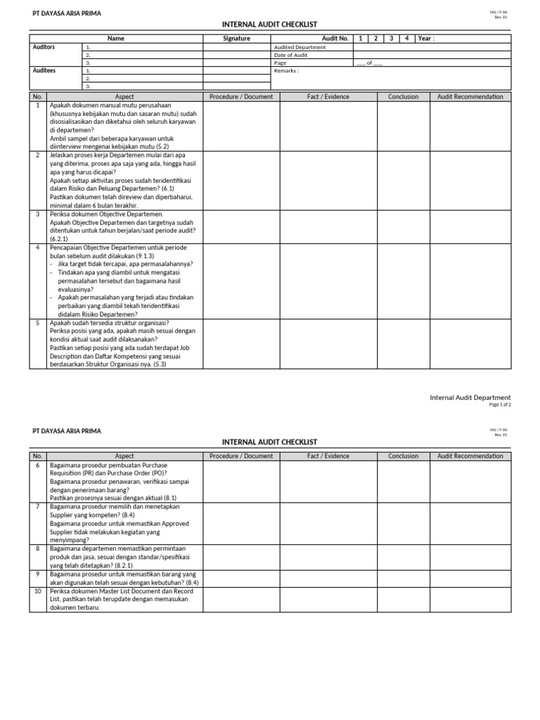 Checklist Audit Internal Sourcing | PDF