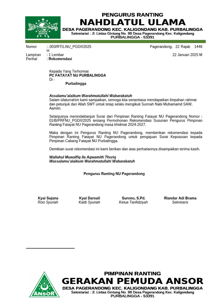 Permohonan Rekomendasi Dari Ranting NU | PDF