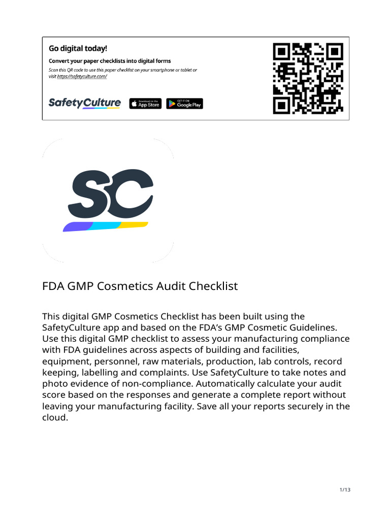 FDA GMP Cosmetics Audit Checklist | PDF | Cosmetics | Specification ...