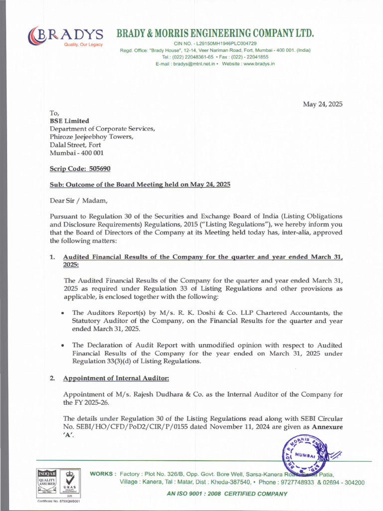 Brady Morris Engineering Company LTD.: BSE Limited | PDF | Going ...