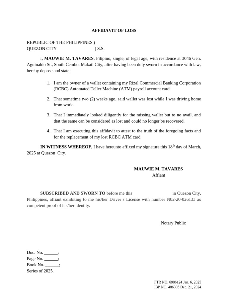 AFFIDAVIT of Loss ID | PDF