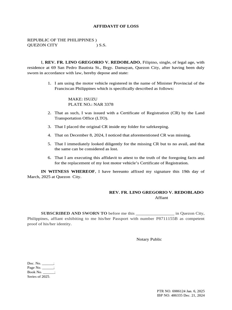 Copy of AFFIDAVIT of Loss CR | PDF