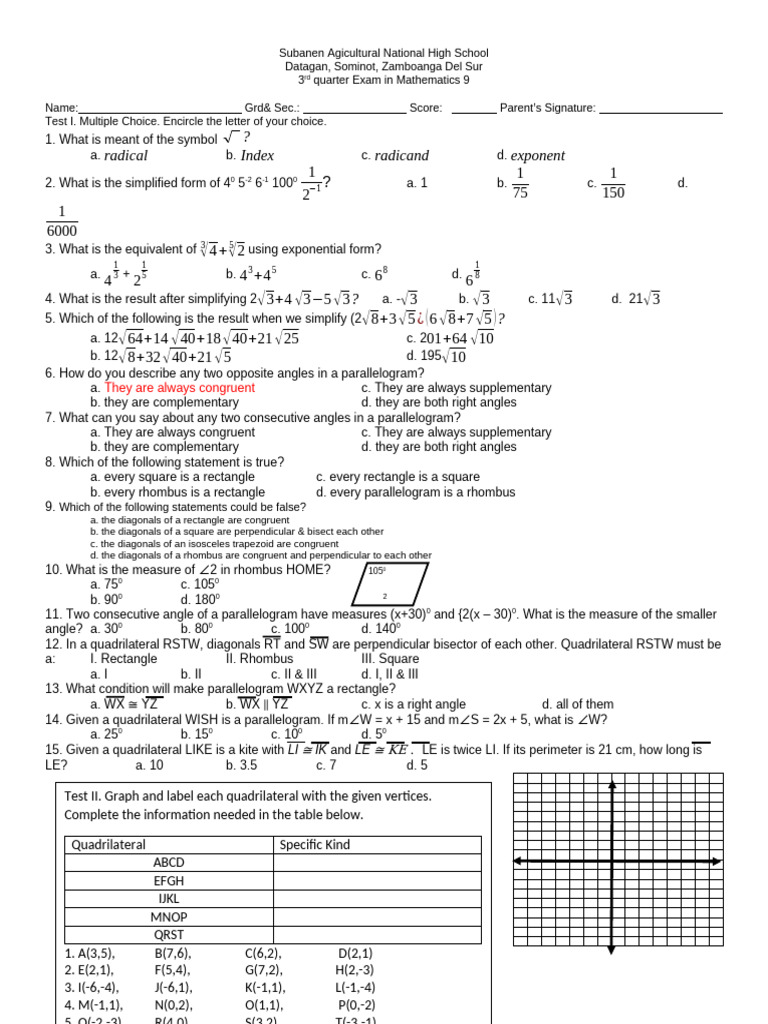 Quadrilateral Graphing and Geometry Test | PDF | Rectangle | Geometric ...