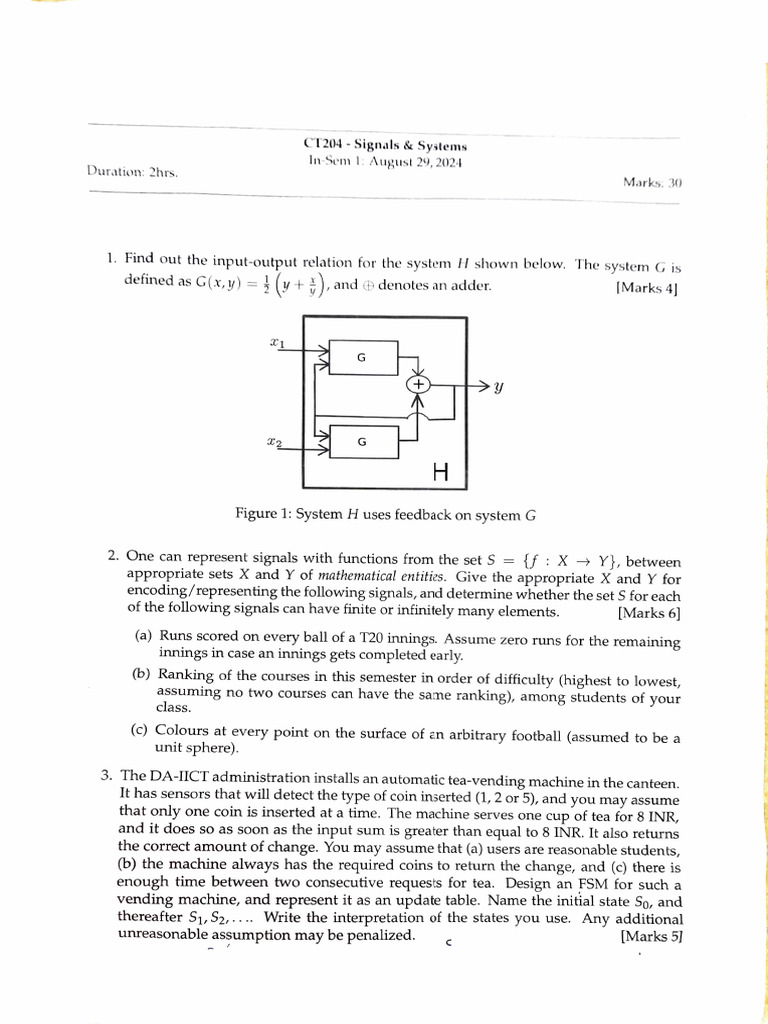 Signals and Systems Insem-I 2024 Question Paper | PDF | Applied Mathematics