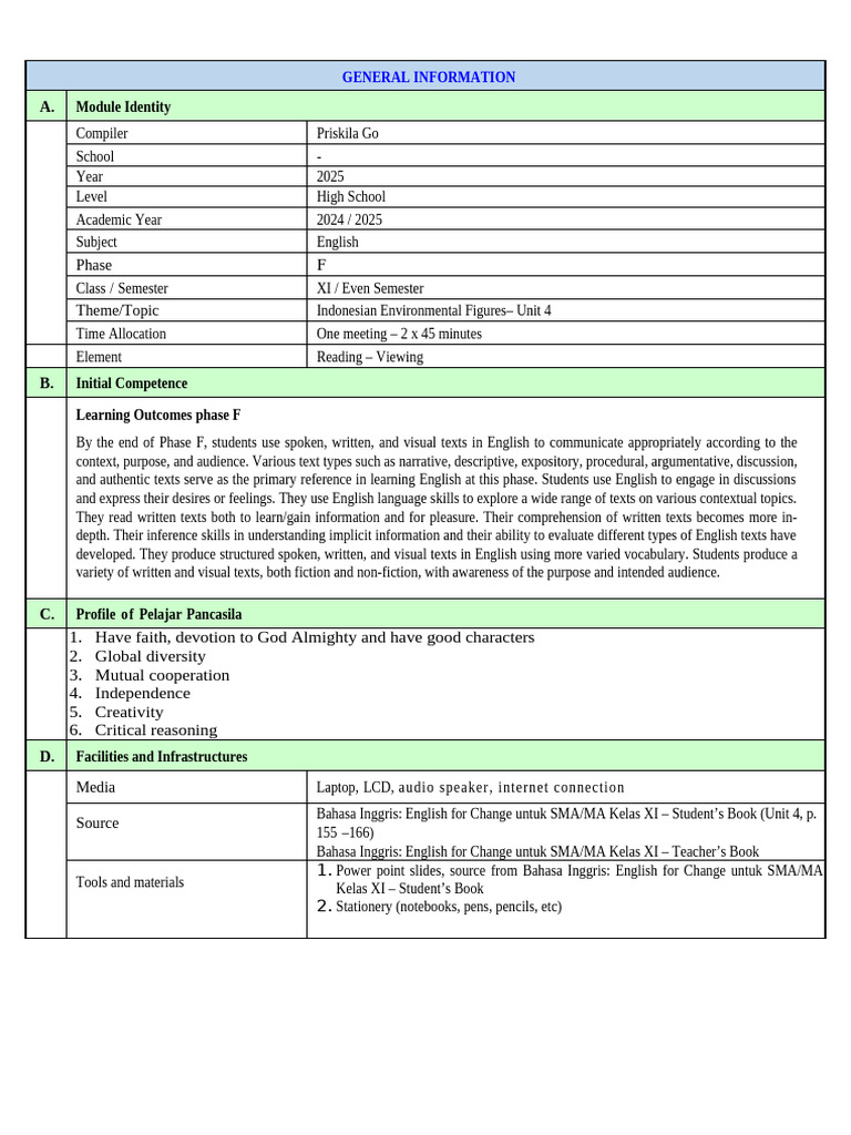 Priskila Go 220203004 Unit 4 Lesson Plan | PDF | Narrative | Learning