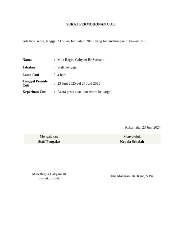 Surat Ijin Cuti Mila | PDF