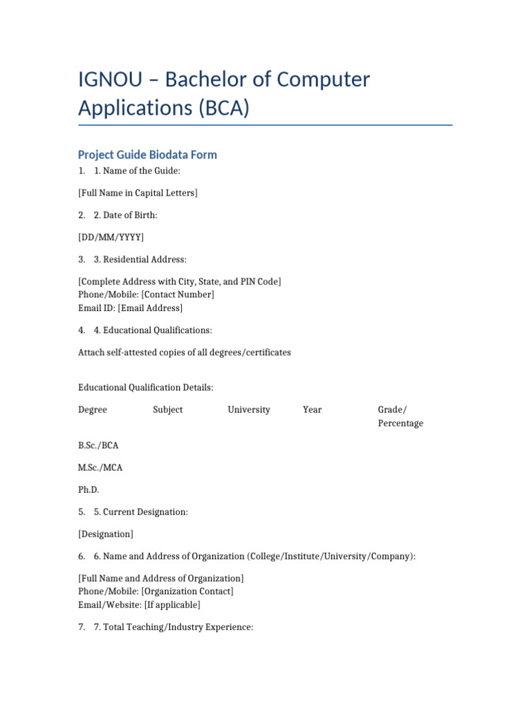 IGNOU BCA Project Guide Biodata Form | PDF