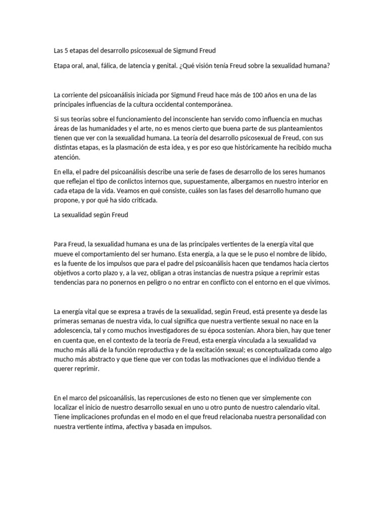 Las 5 Etapas Del Desarrollo Psicosexual de Sigmund Freud | PDF | Sigmund Freud | Libido